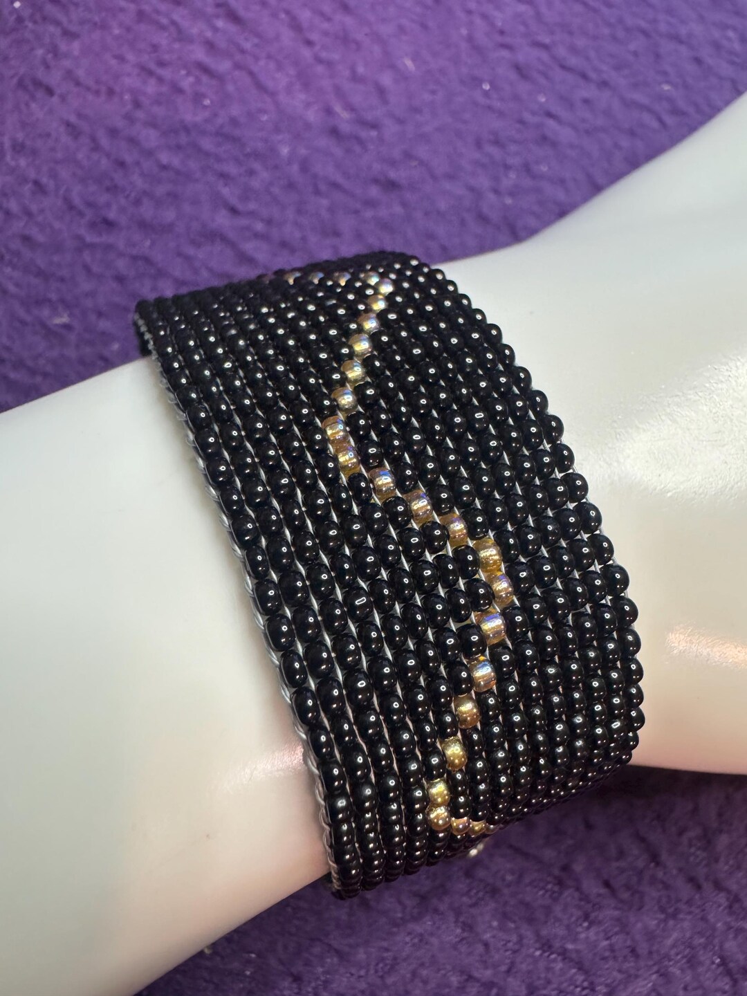 Black and Gold Wave Beaded Bracelet – Handwoven Minimalist Loom Cuff ...