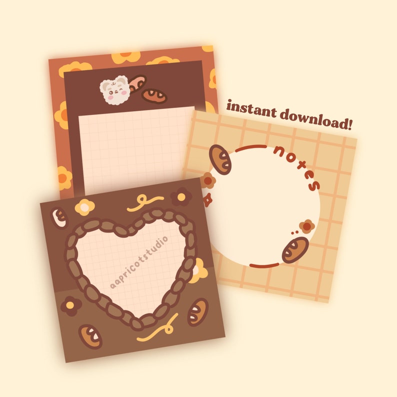 Brown Bread Kawaii Printable Memo Pads, Digital Download Memo Pads ...