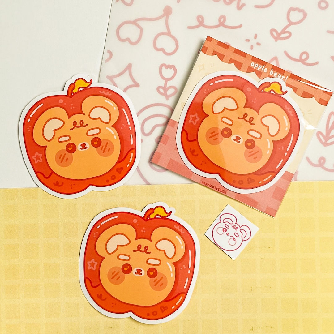 Cute Apple Bear Sticker, Waterproof Sticker, Kawaii Sticker, Cute Bear ...