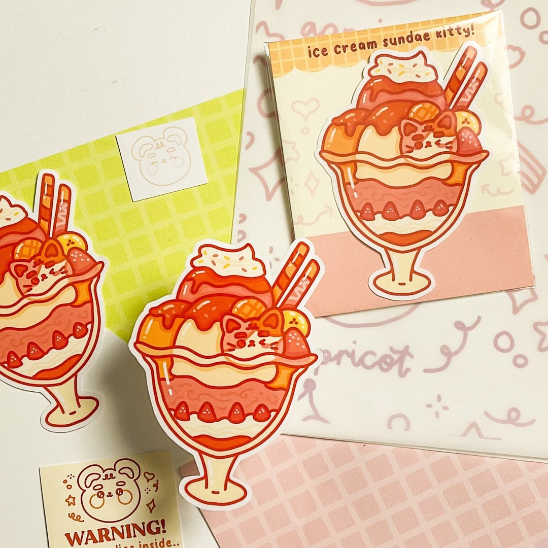 Ice Cream Sundae Kitty Sticker, Waterproof Sticker, Kawaii Sticker ...