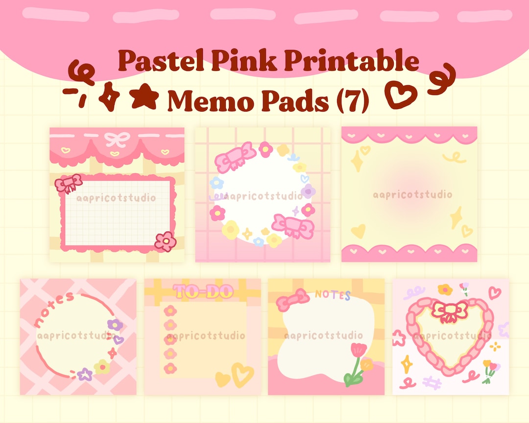 Pastel Pink Kawaii Printable Memo Pads, Digital Download Memo Pads ...