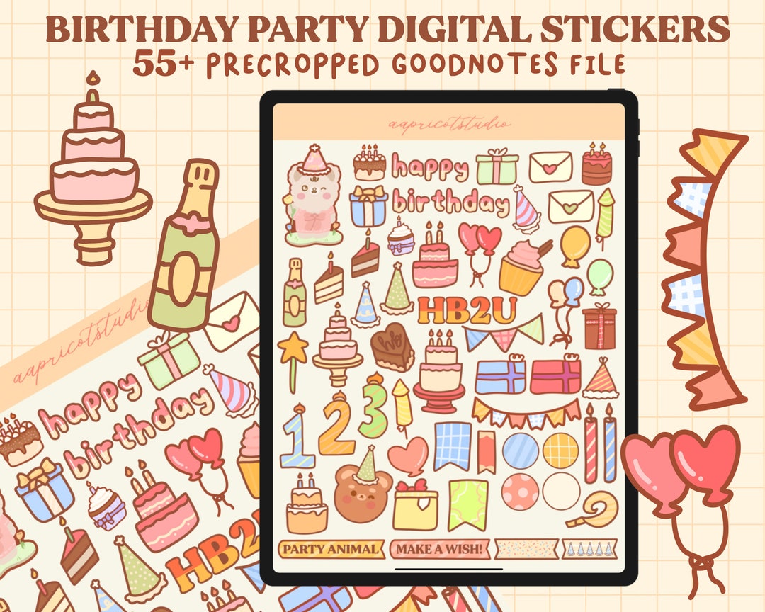 Kawaii Birthday Party Goodnotes Stickers, Birthday Pre-cropped Planner ...