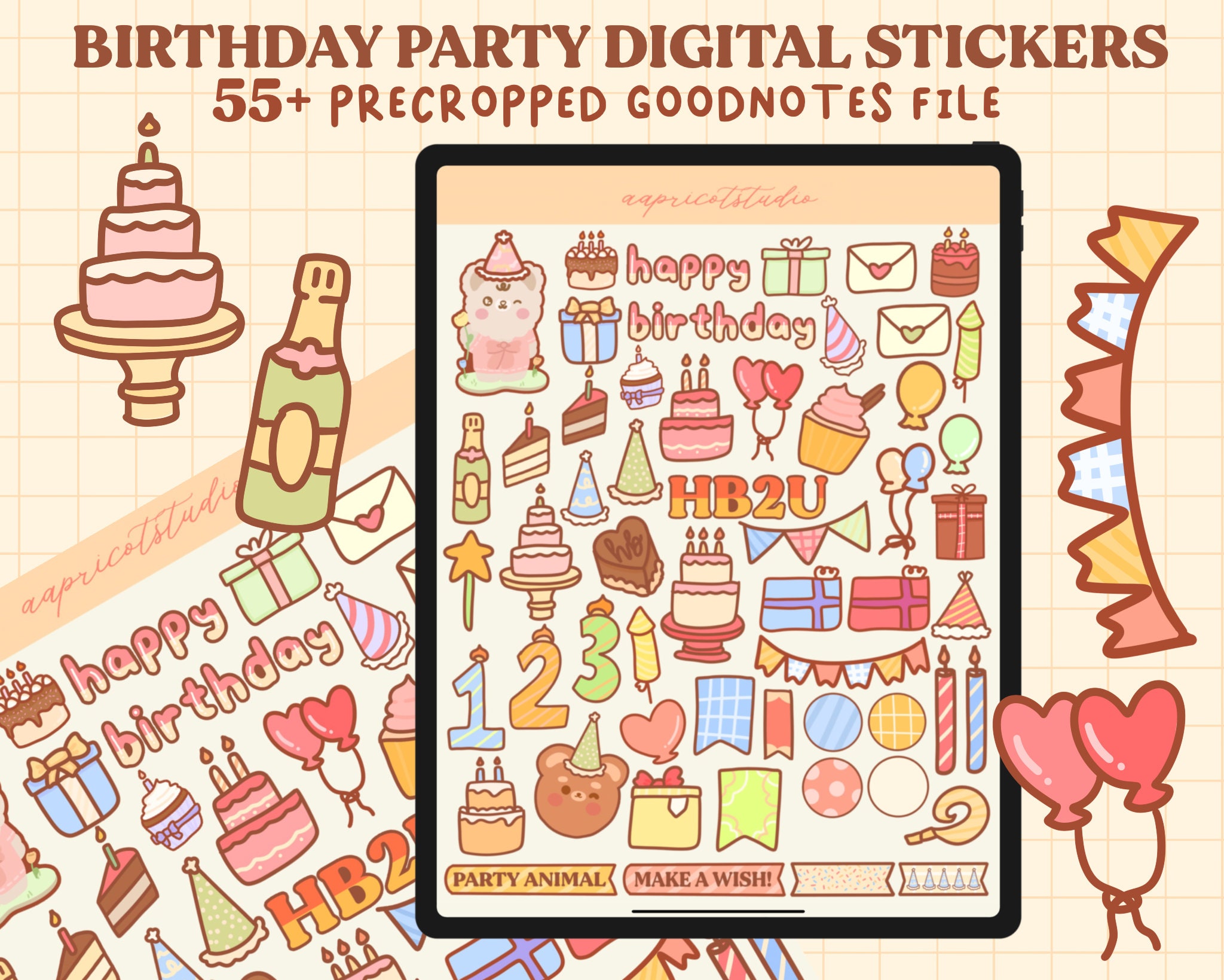 Kawaii Birthday Party Goodnotes Stickers, Birthday Pre-cropped Planner ...