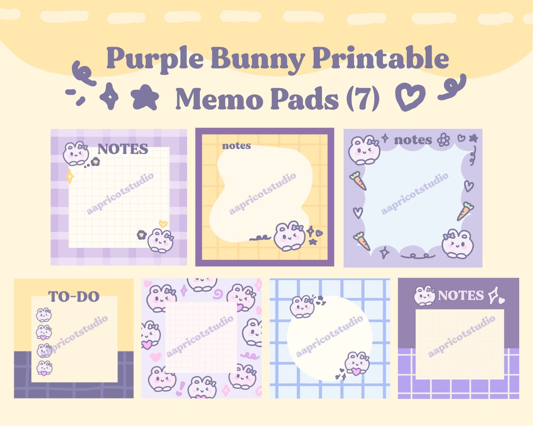 Purple Bunny Kawaii Printable Memo Pads, Digital Download Memo Pads ...