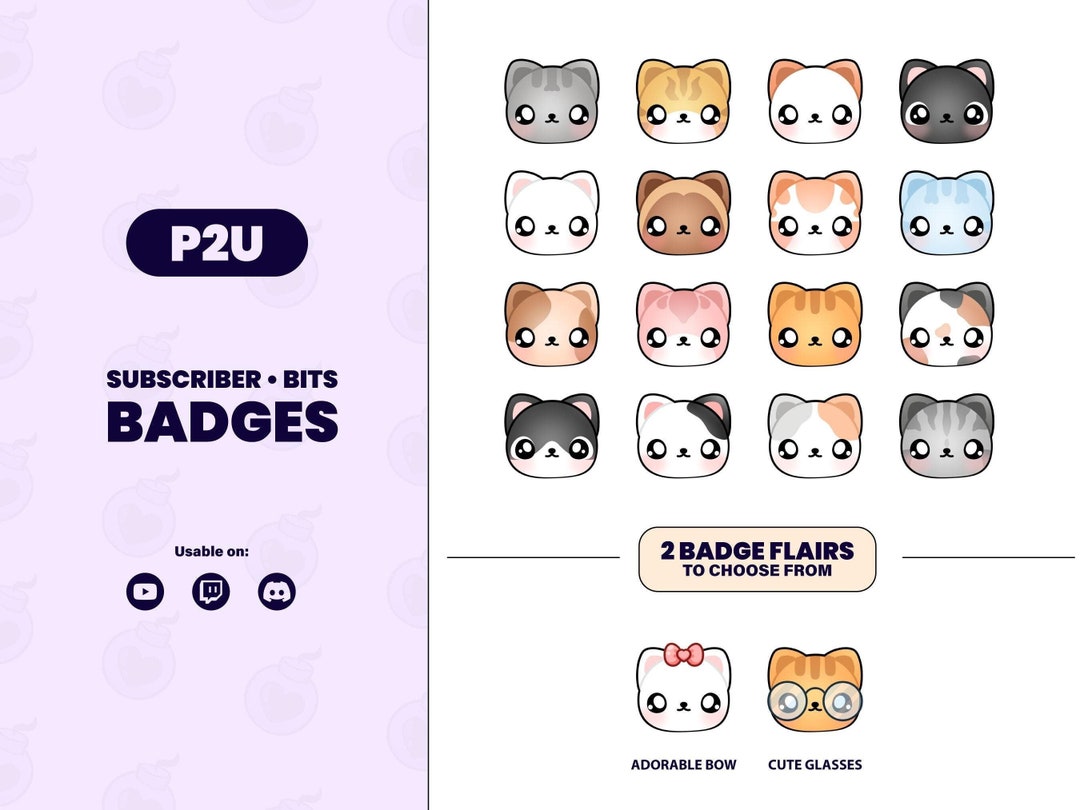 Kawaii Cats Badges | 16 Cute Kitty Sub & Bits Badges | Cute Glasses and ...
