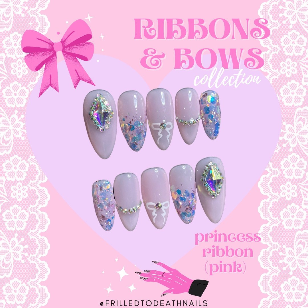 MADE TO ORDER - Princess Ribbon (pink) - Handpainted Press on Nails ...