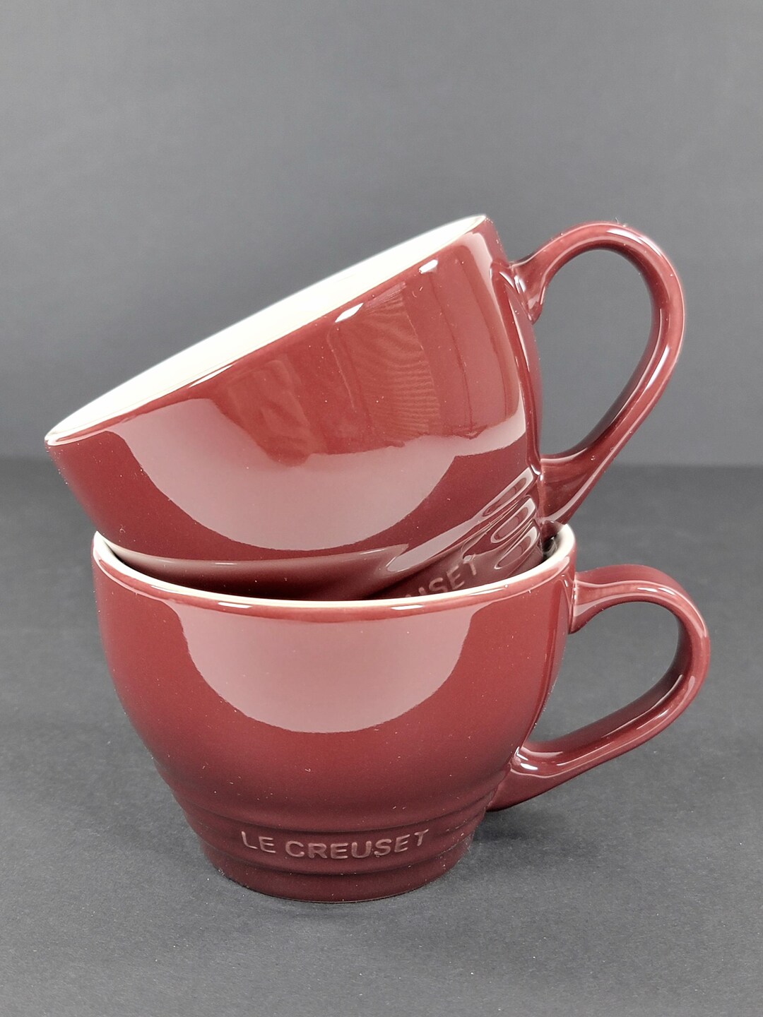Le Creuset Stoneware Large Cappuccino Cups / Coffee Mugs Color RHONE ...