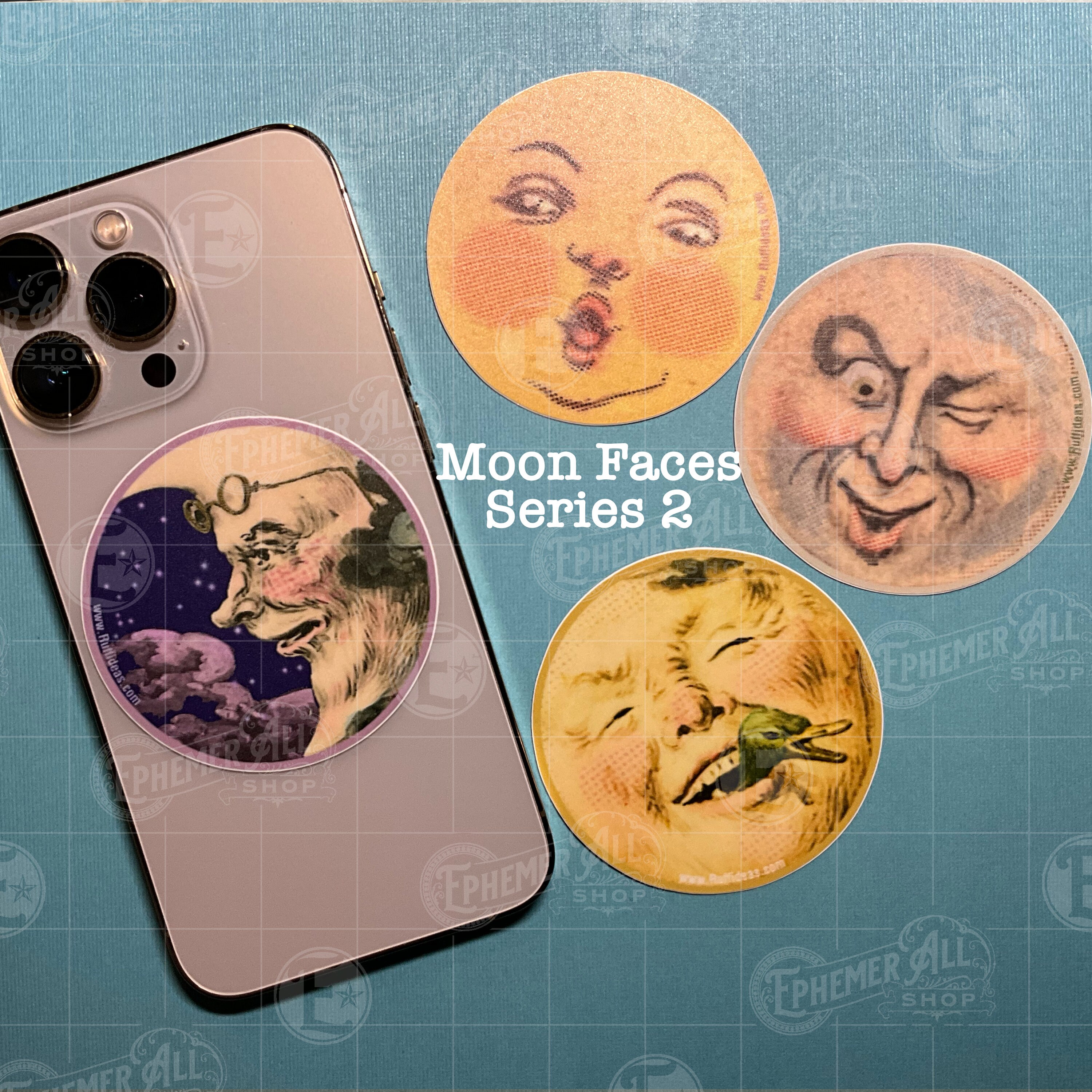 Vintage Man in the Moon Faces Set 2 Sticker Pack of 4, Vinyl ...