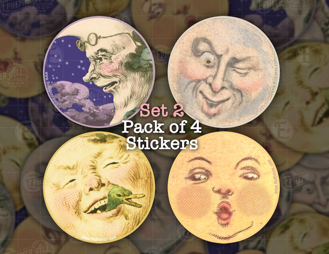 Vintage Man in the Moon Faces- Set 2 - Sticker Pack of 4, Vinyl ...