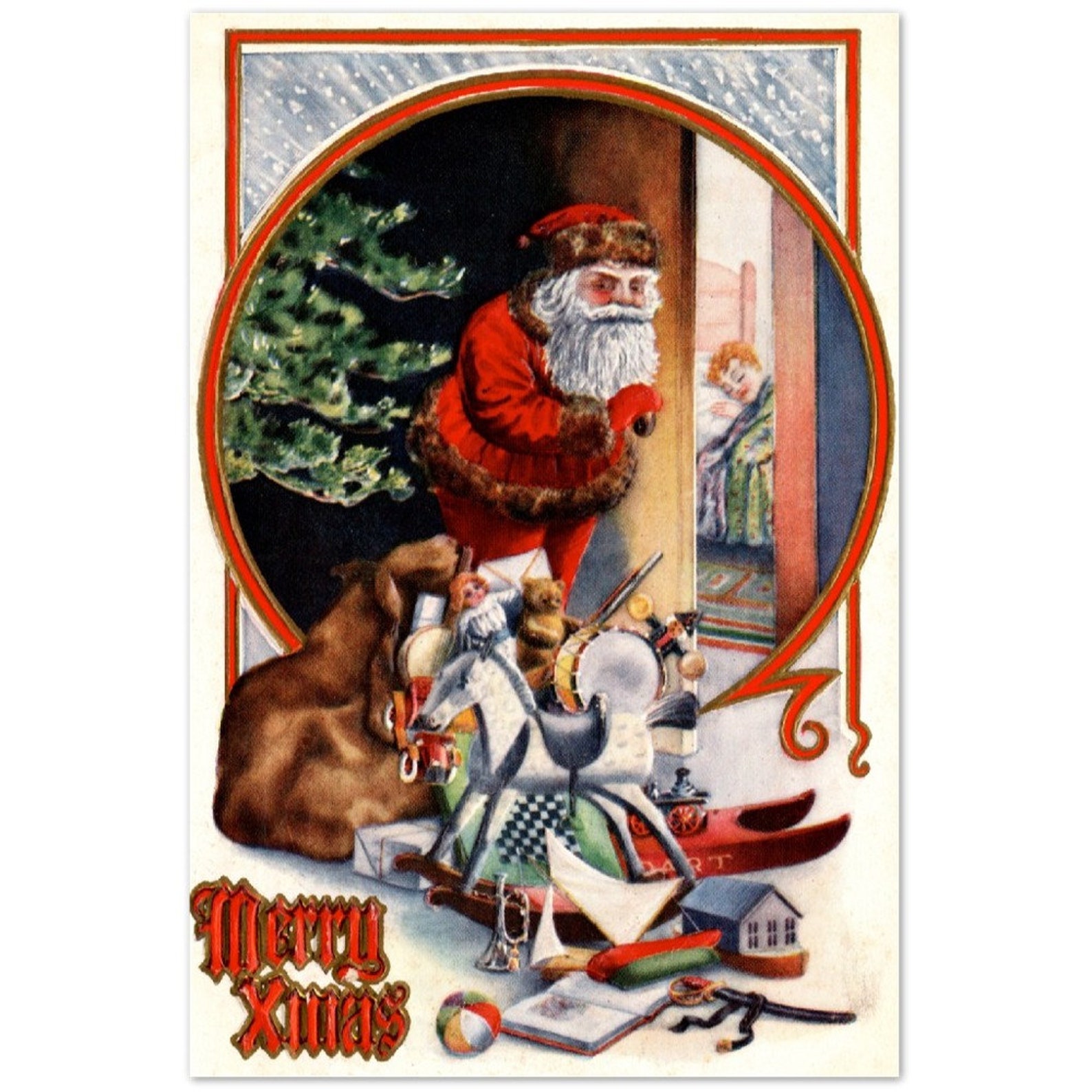 Santa Claus Checks on Sleeping Child Bag Full of Toys Christmas Tree ...