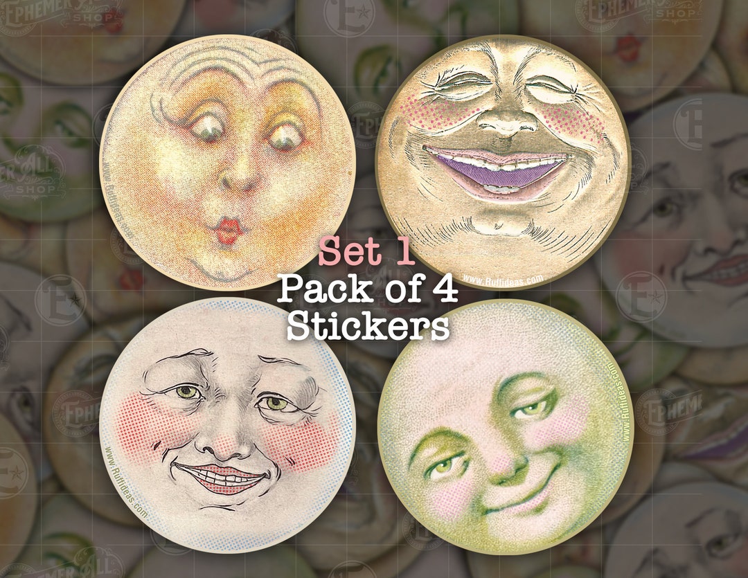 Vintage Man in the Moon Faces- Set 1 Pack of 4, Vinyl Weatherproof ...