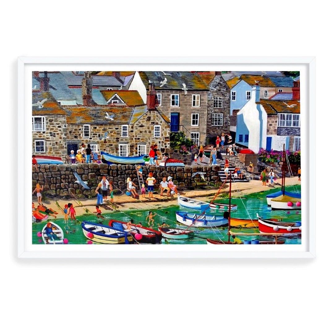 Mousehole Harbour Cornwall Modern White Box Frame Premium Giclee Fine Art Print With Border by ...