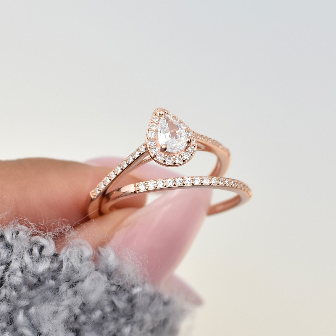 Rose Gold Sterling Silver Set, Wedding Ring, Cubic Zirconia Silver ...