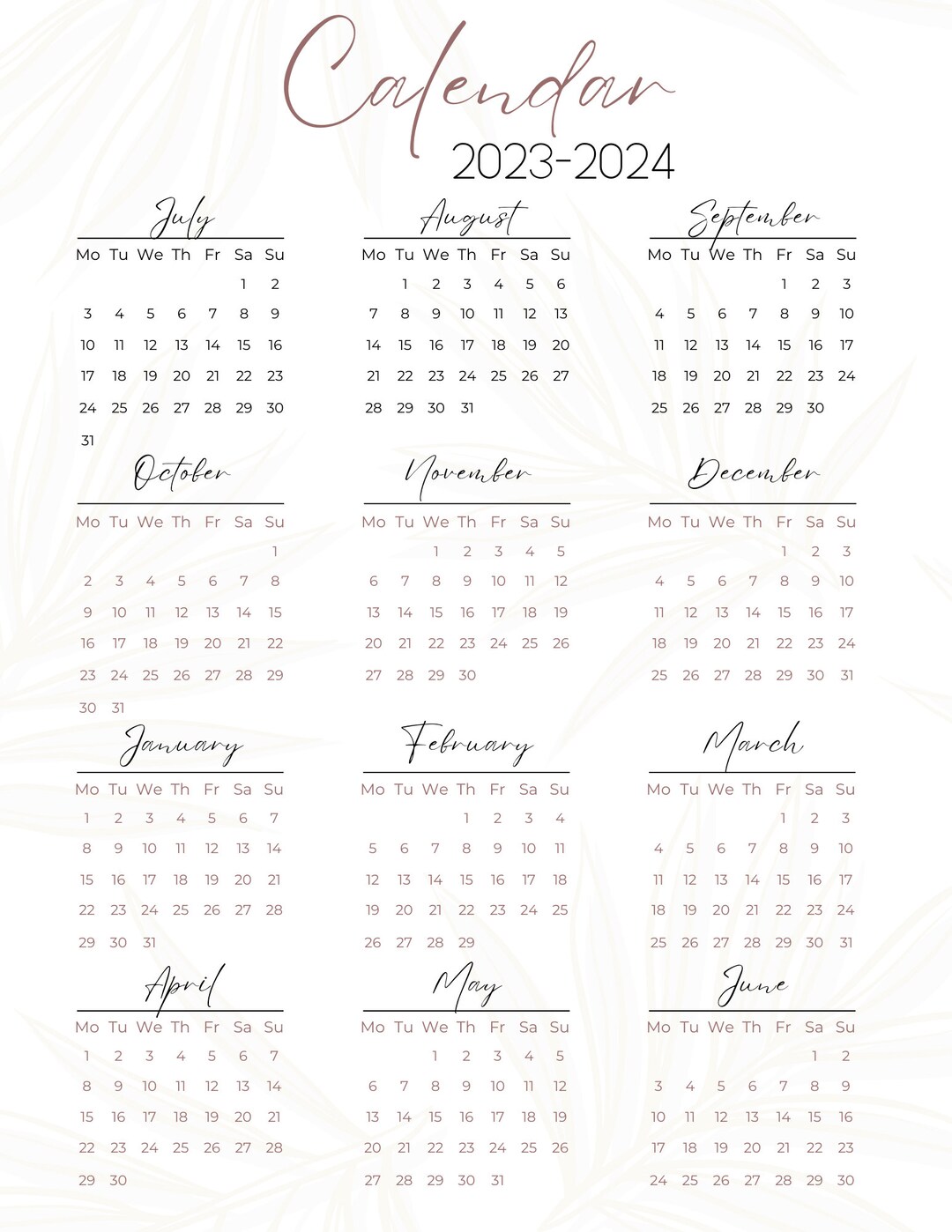 Academic Monthly Calendar August 2023-june 2024 - Etsy
