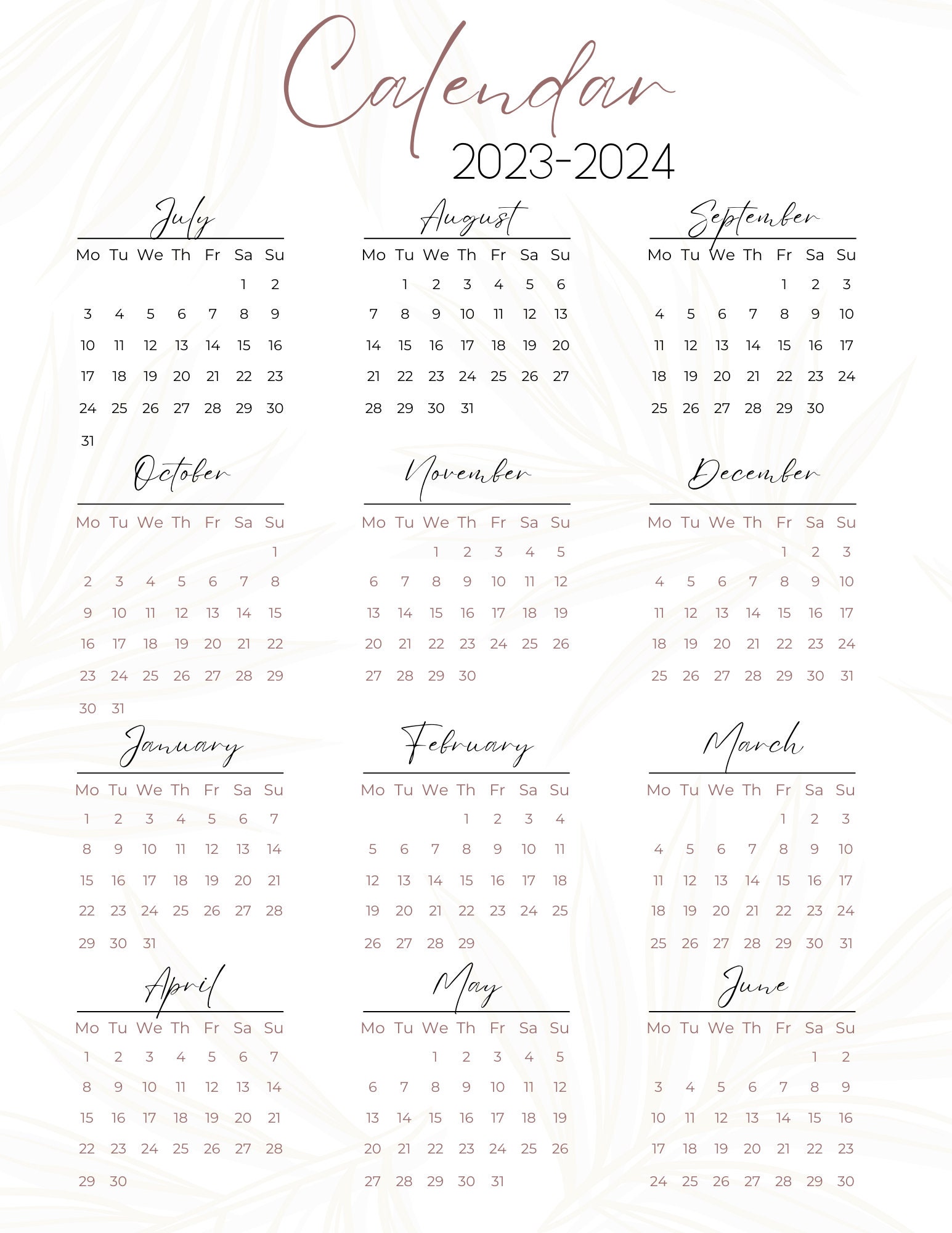 Academic Monthly Calendar August 2023-june 2024 - Etsy