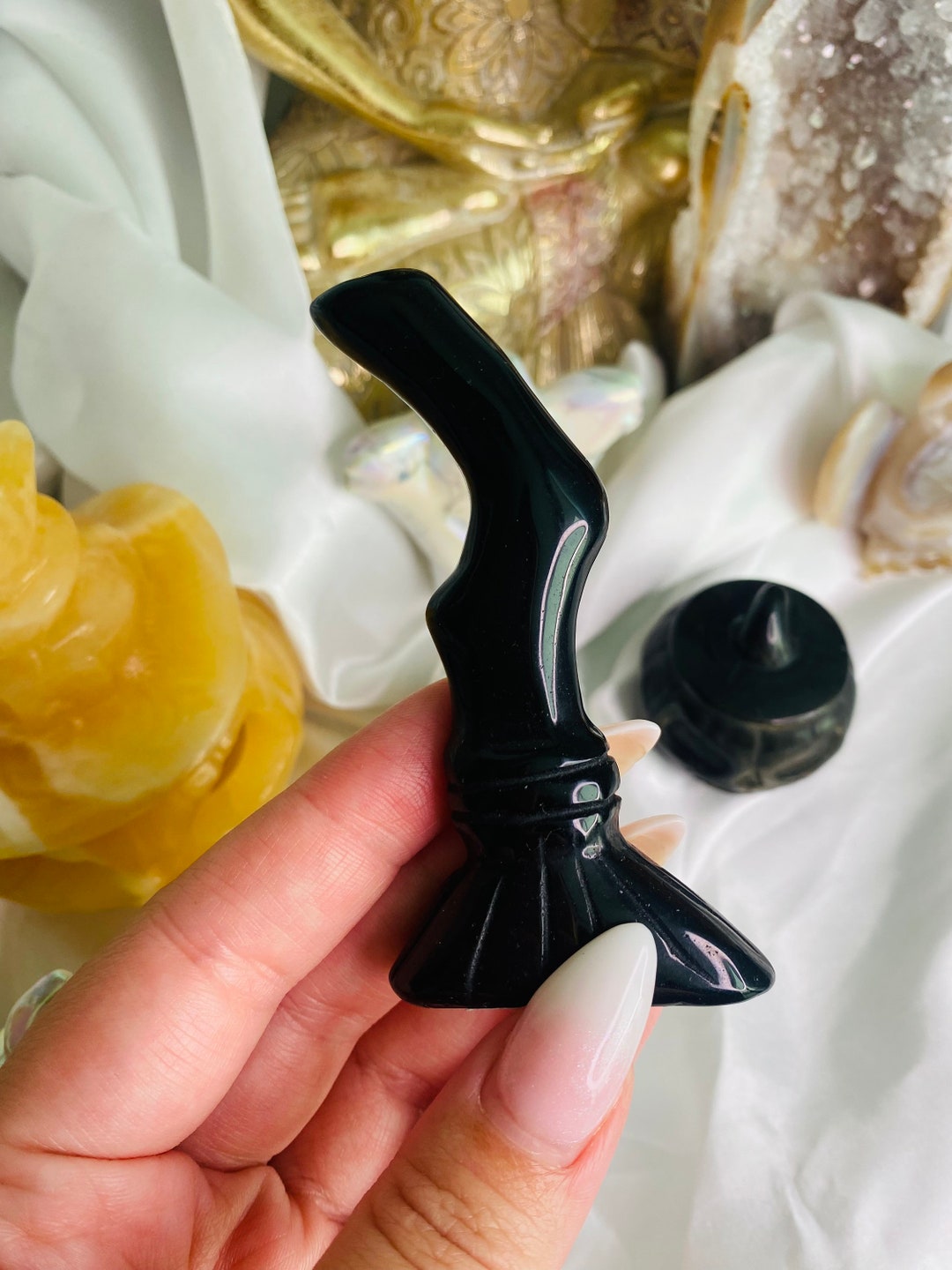 Black Obsidian Halloween V Gothic Witch Crystal Carvings Witch Broom ...