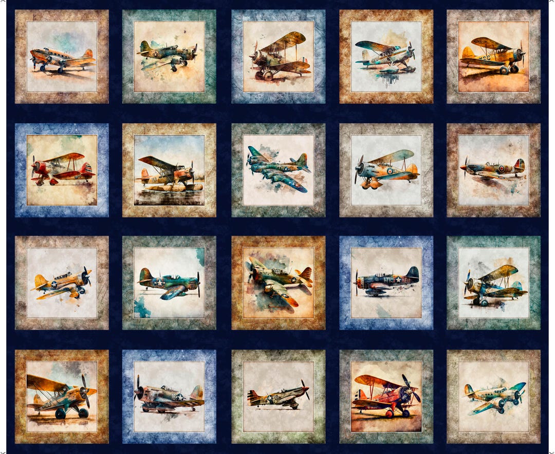 Flying High Airplane Picture Patches Navy by Dan Morris for Quilting ...