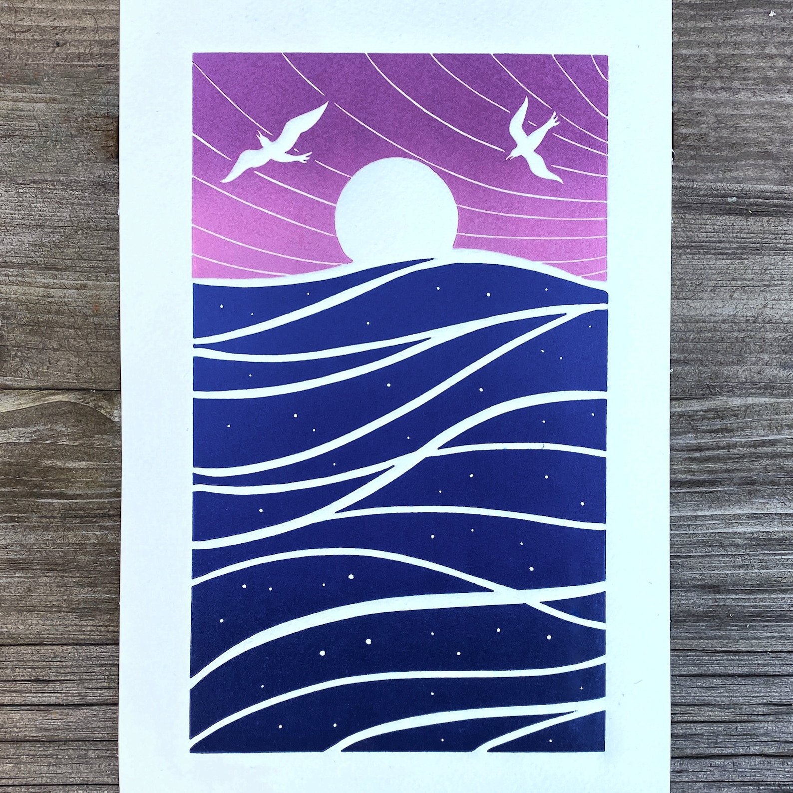 Sunset Handmade Open Edition Linocut Print. Abstract Seaside Landscape ...