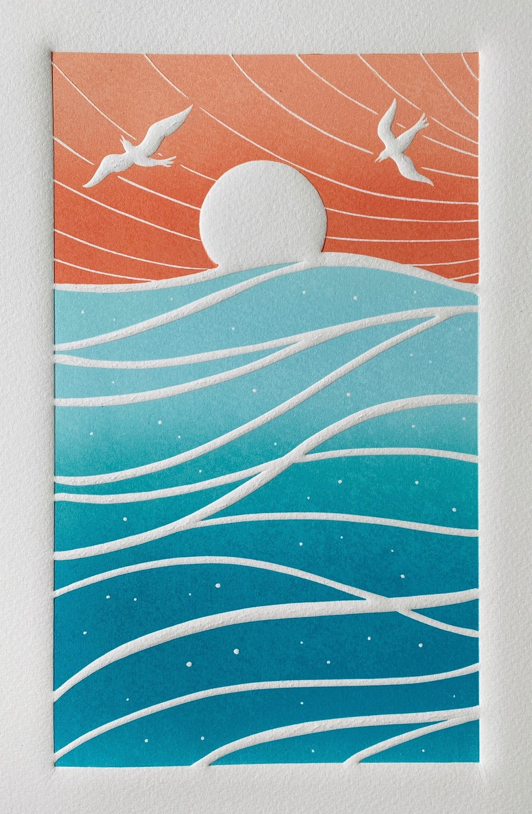 Handmade Sunset Linocut Print – Abstract Ocean Seascape (12x8 In) - Etsy