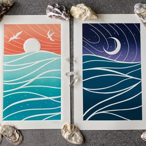 Handmade Sunset Linocut Print – Abstract Ocean Seascape (12x8 In) - Etsy