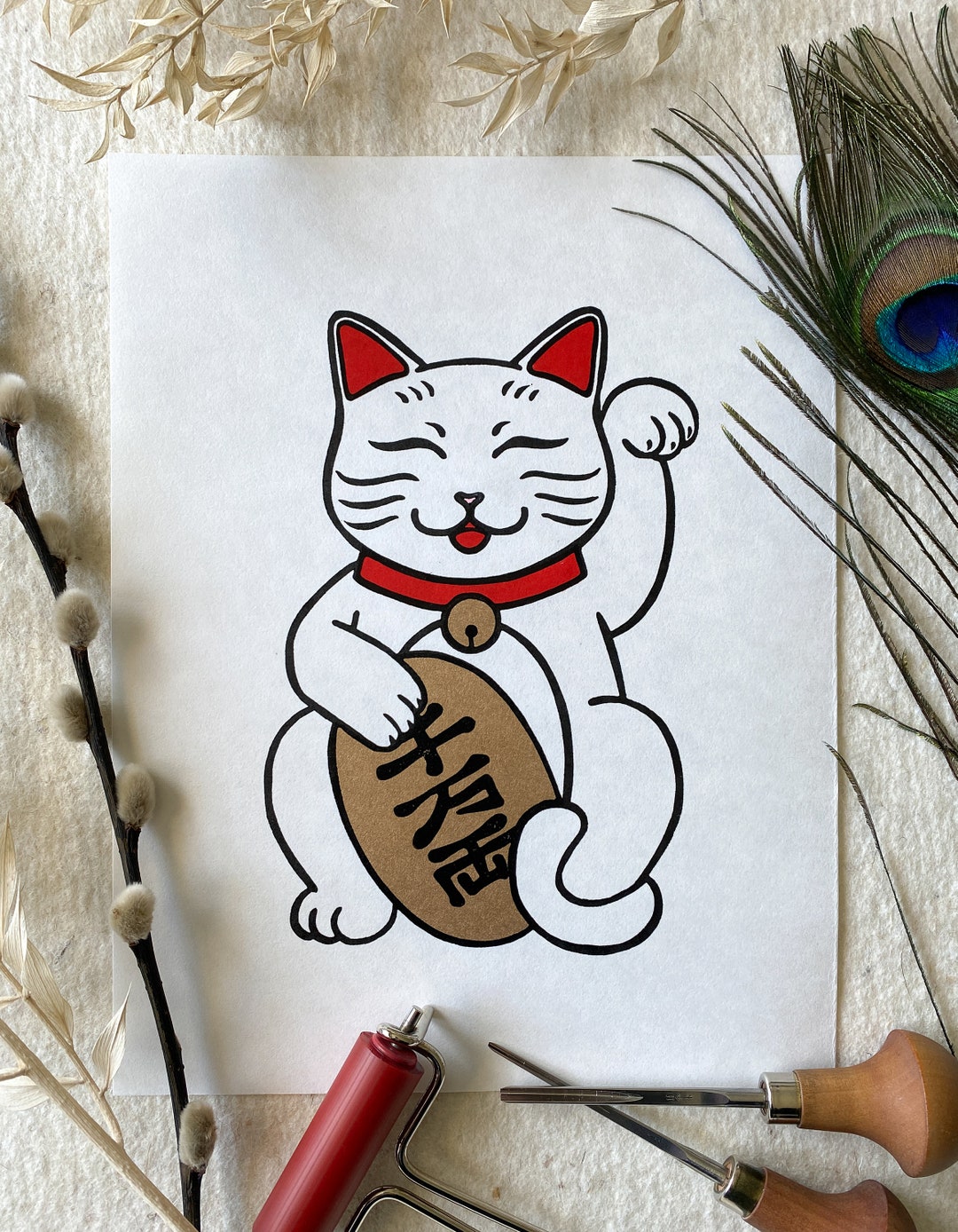 Lucky Cat - Maneki Neko - Handmade Open Edition Lino Print. Gift for ...