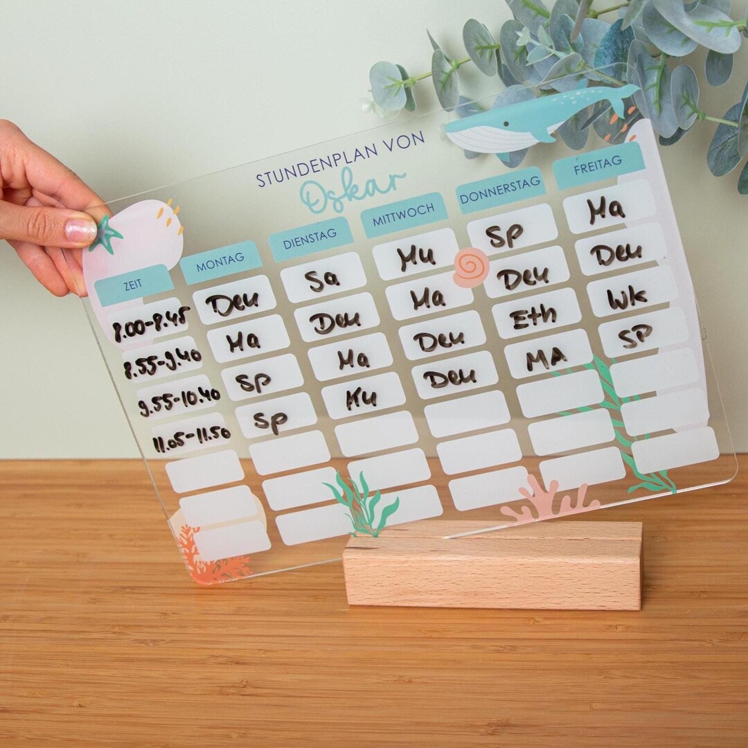 Whale Timetable Made of Acrylic With Name, Planner With Real Wood Base ...