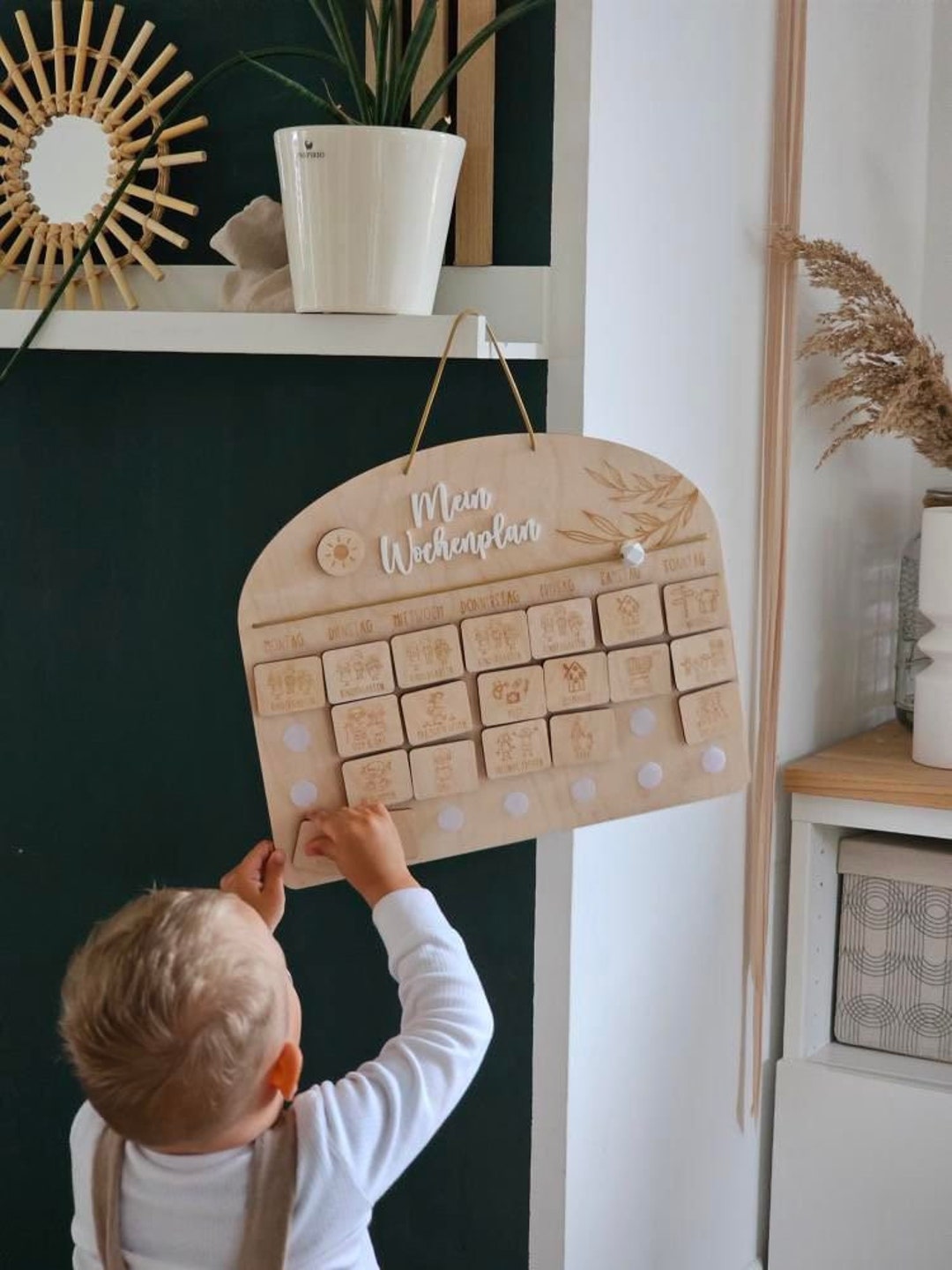 BASIC SET Weekly Plan With Grasses for Children Made of Wood With 7 Activity Cards, Routine Plan ...