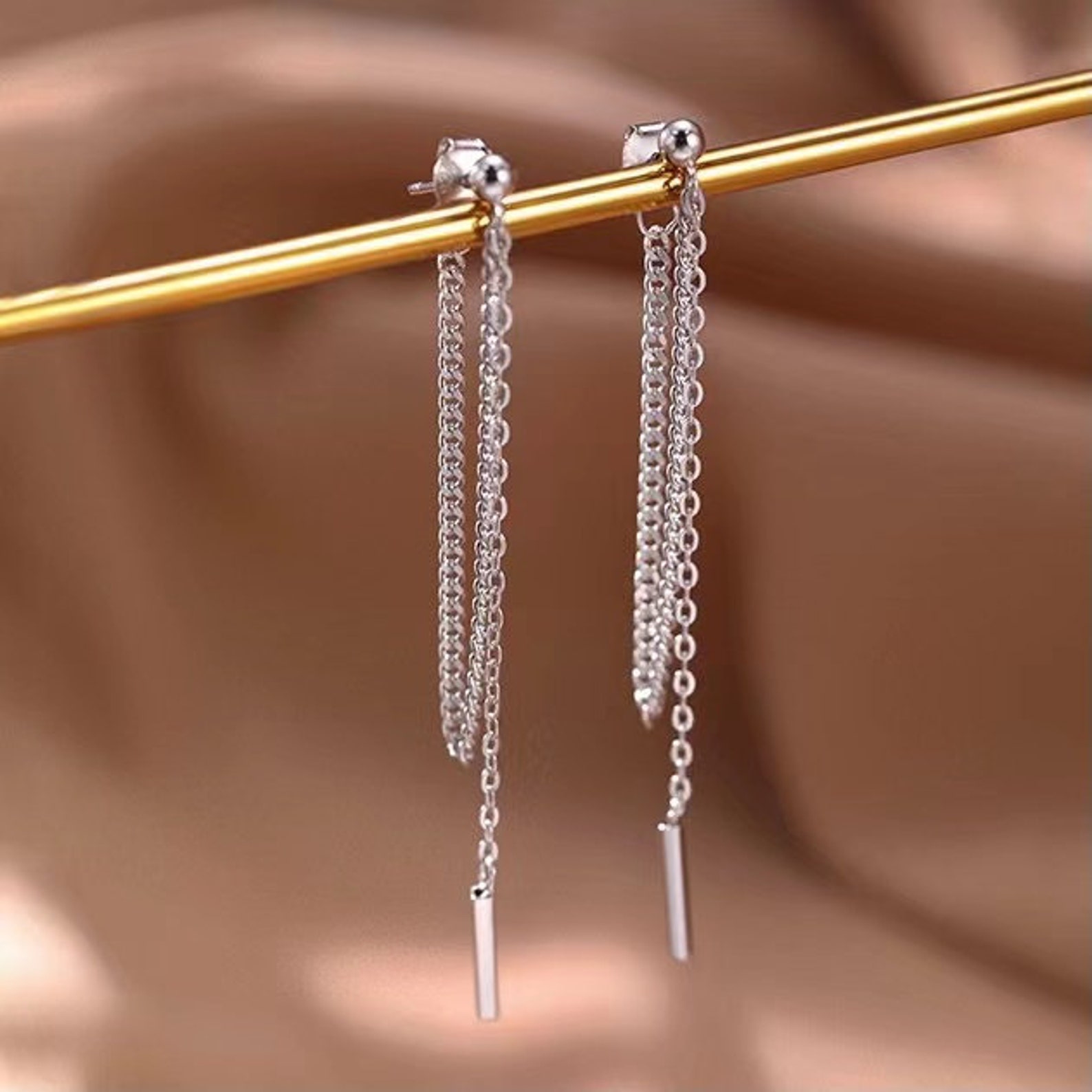 Chain Drop Earrings Chain Threader Earrings Silver Chain - Etsy