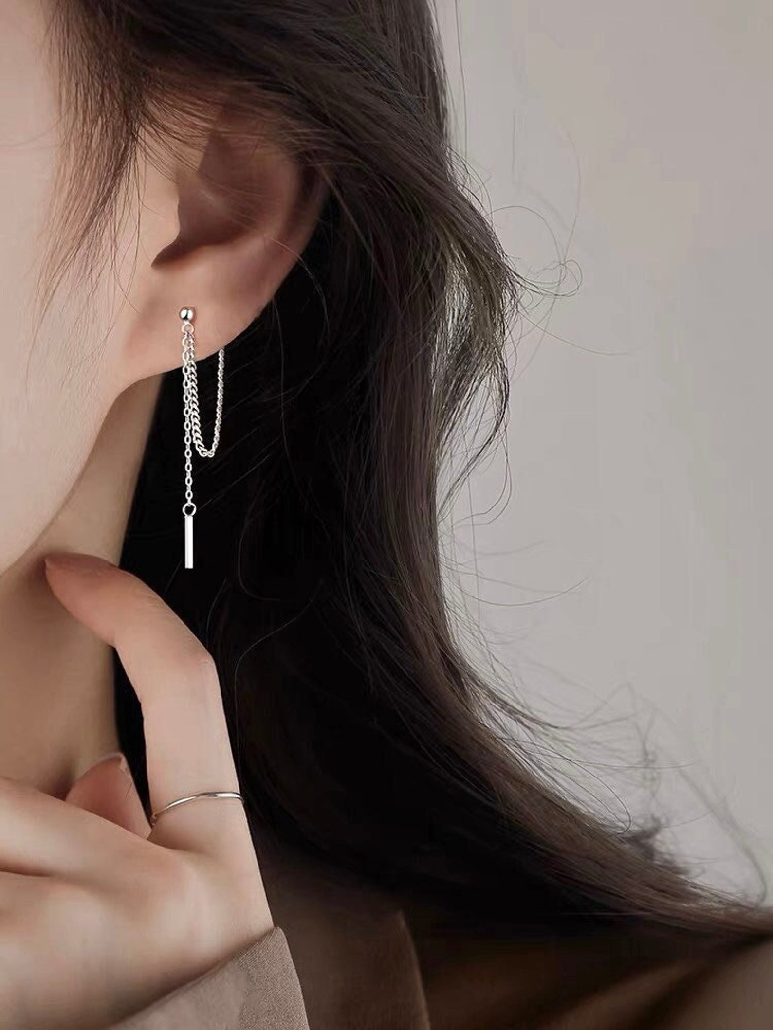 Chain Drop Earrings Chain Threader Earrings Silver Chain - Etsy