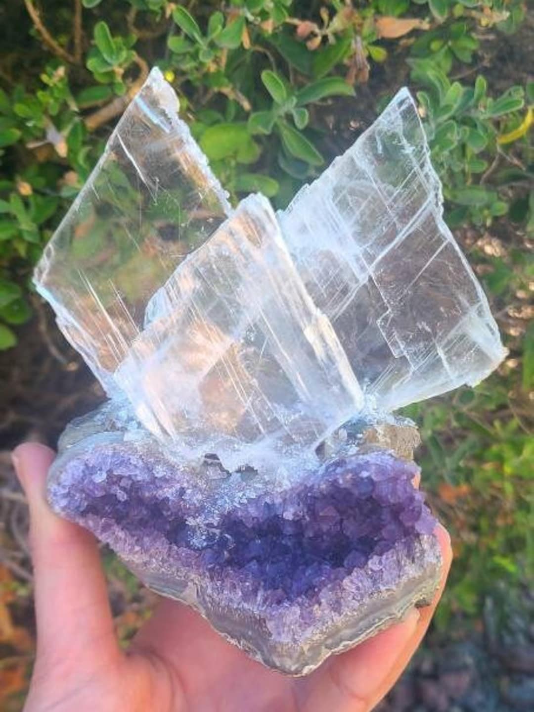 Selenite and Amethyst Handmade Infused Crystal Artpiece, Rare Amethyst ...
