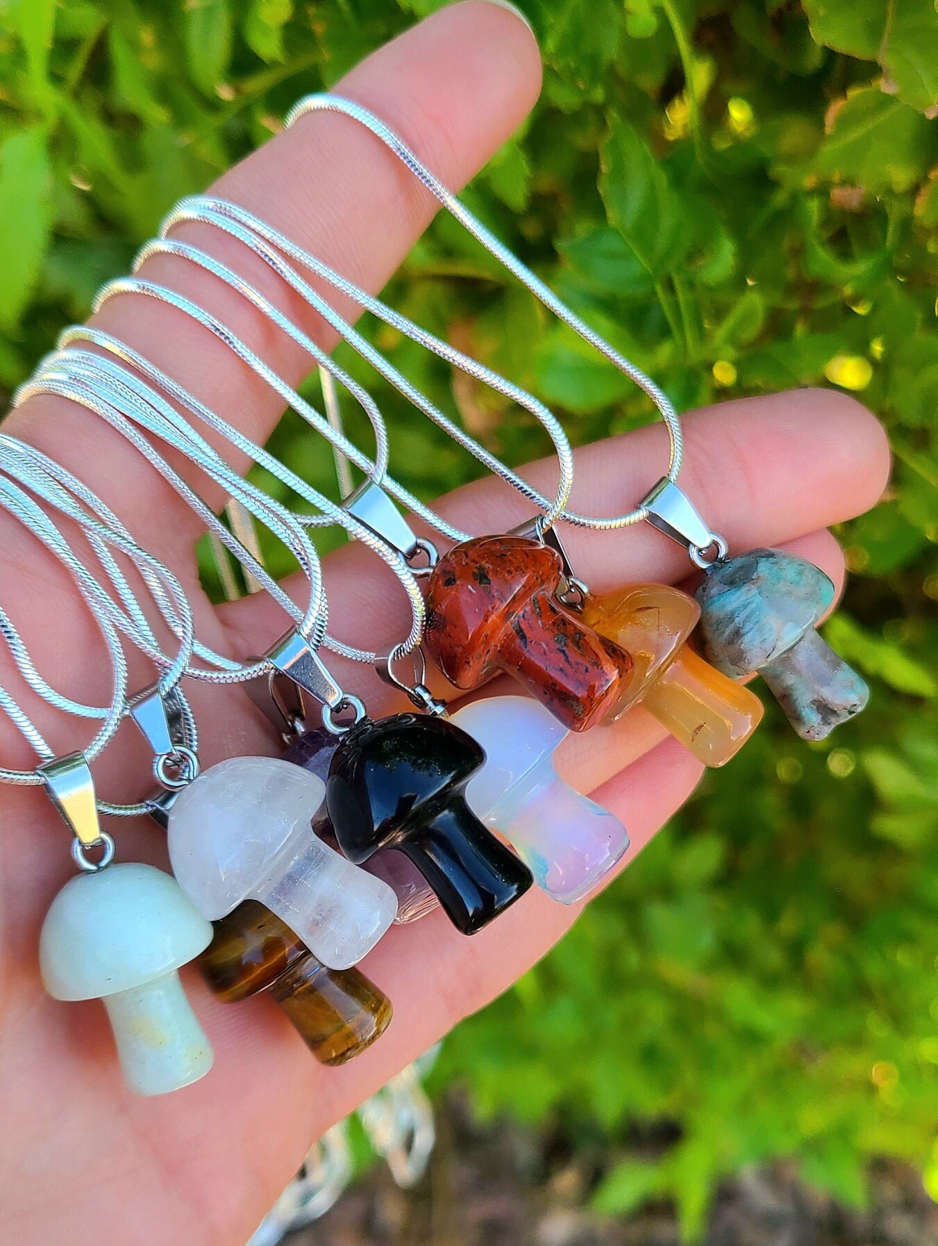 Crystal Mushroom Necklace Mini Crystal Mushroom Pendant Healing Crystal Mushroom Necklace On Metal Chain