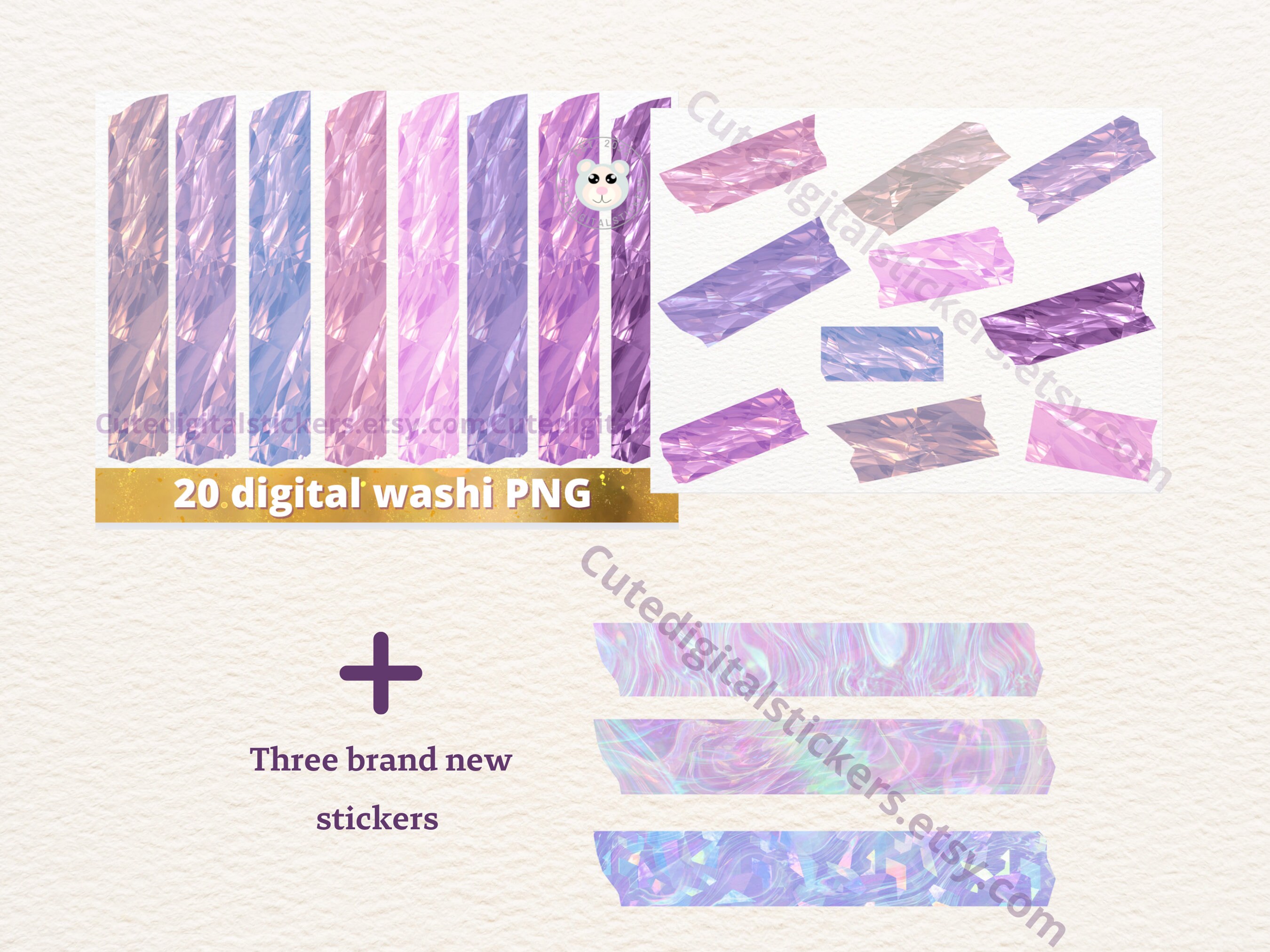 Digital Washi Tape Sticker, Downloadable Png Bundle, Holographic Washi ...