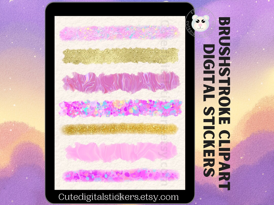 Brushstroke Digital Stickers, Rainbow Brushstroke, Pink and Gold ...