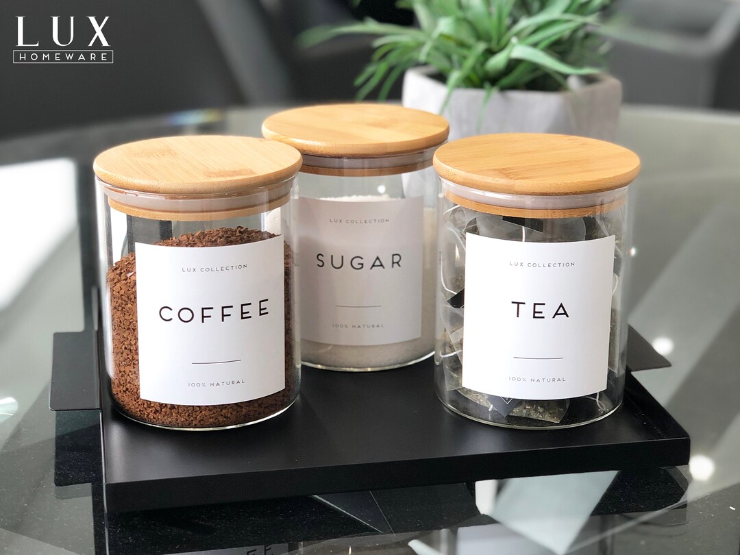 Tea | Coffee | Sugar Bamboo Lid Glass Storage Jars Personalised ...