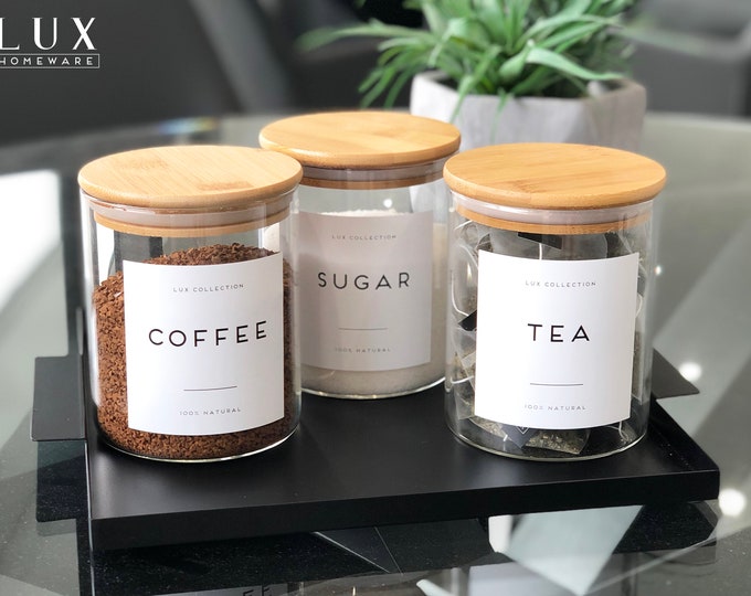 Tea Coffee Sugar Bamboo Lid Glass Storage Jars Personalised Waterproof ...