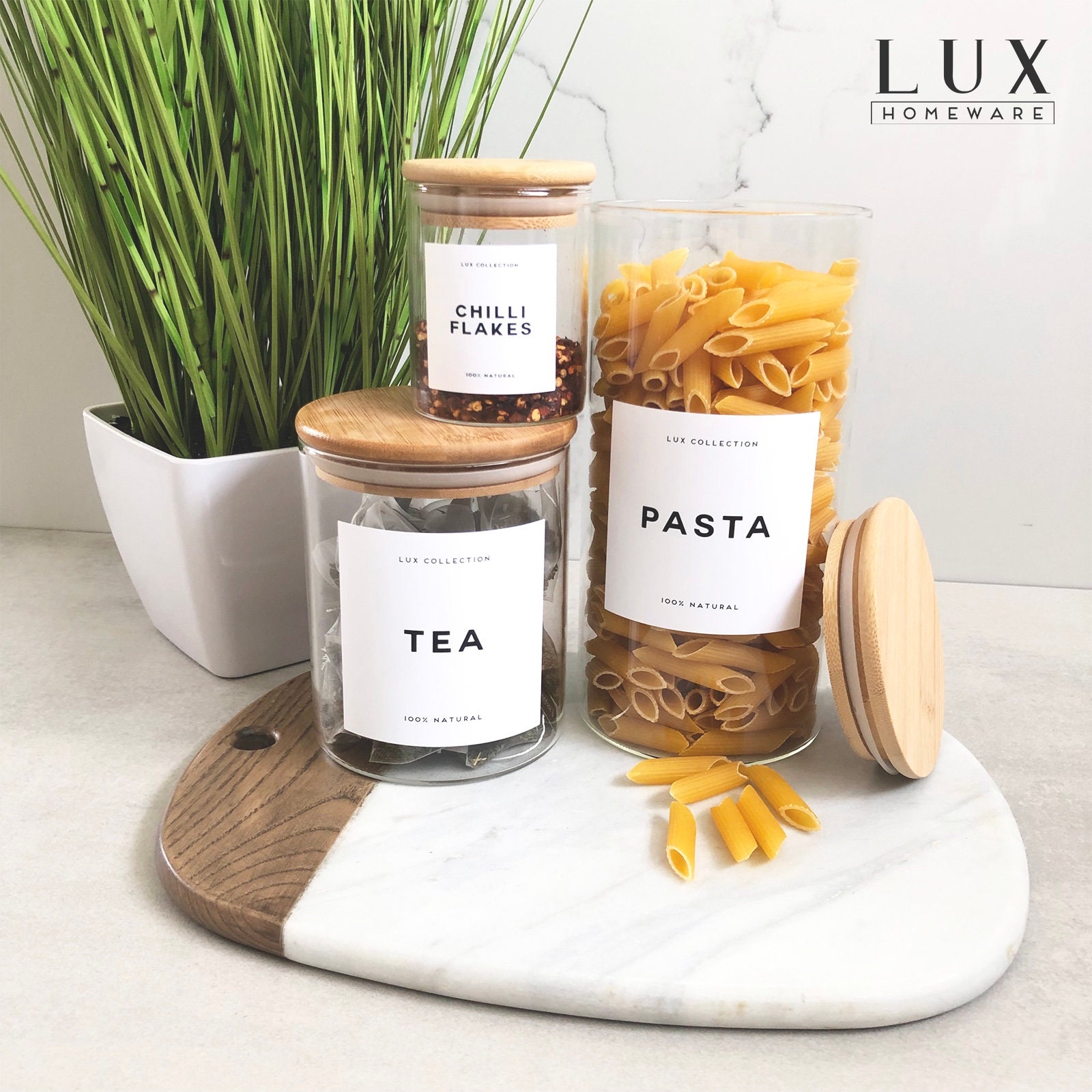 Tea Coffee Sugar Bamboo Lid Glass Storage Jars - Etsy UK