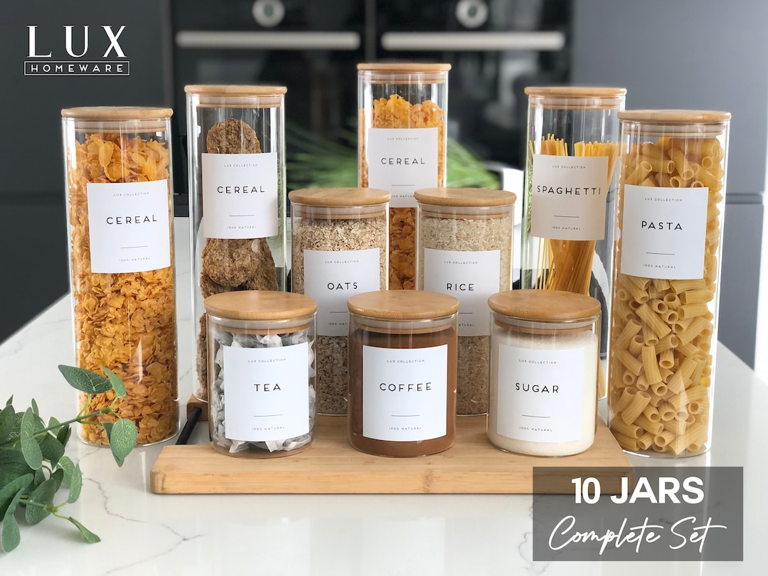 10 Jar Essentials Set Bamboo Lid Glass Storage Jars Personalised ...