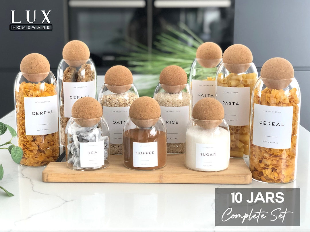 10 Jar Essentials Set CORK BALL Glass Storage Jars Personalised Kitchen ...