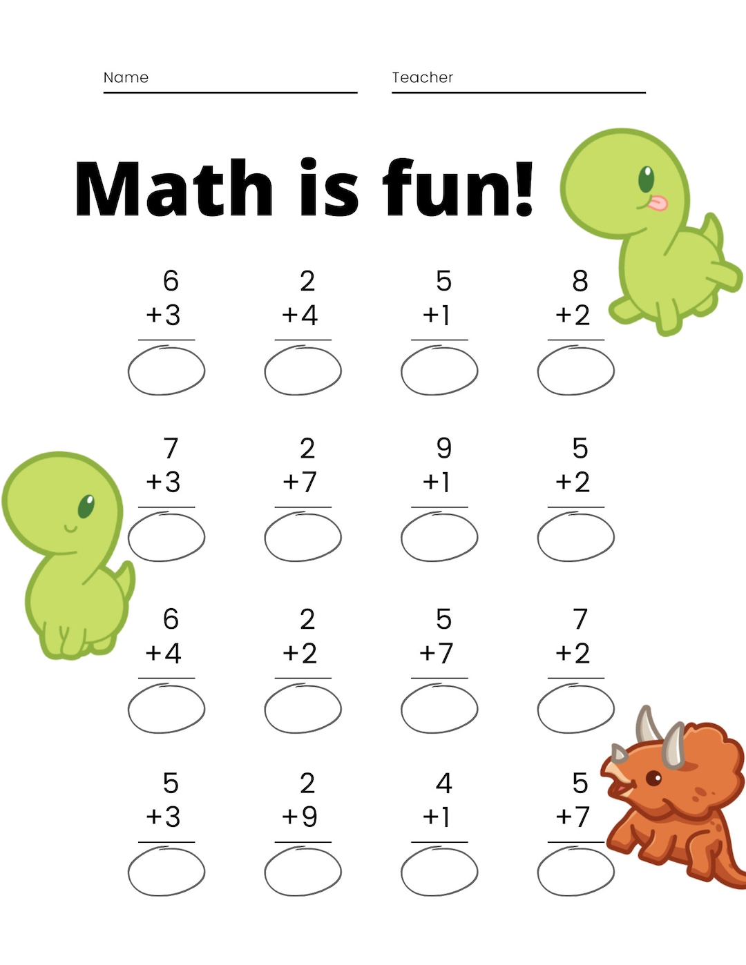 Dino Addition Worksheet - Etsy