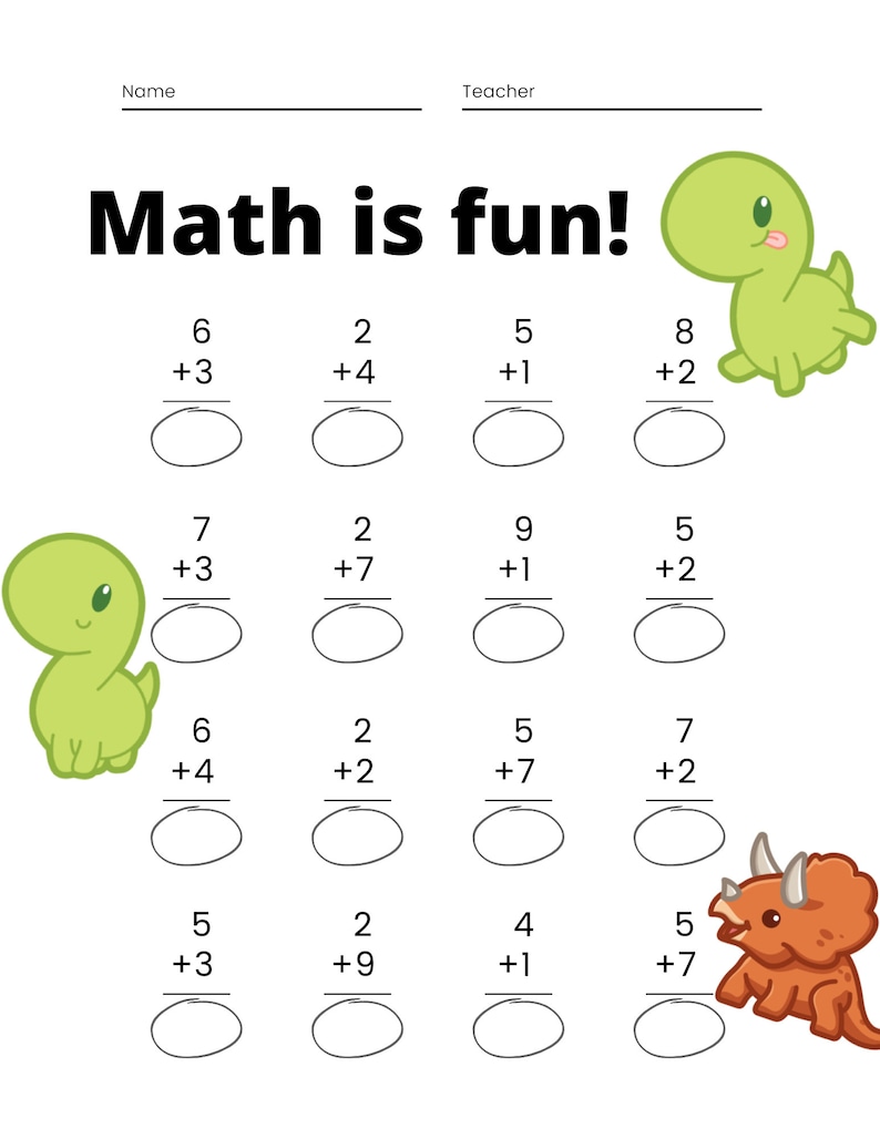 Dino Addition Worksheet - Etsy
