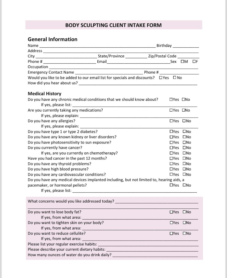 Body Sculpting Intake Forms - Etsy