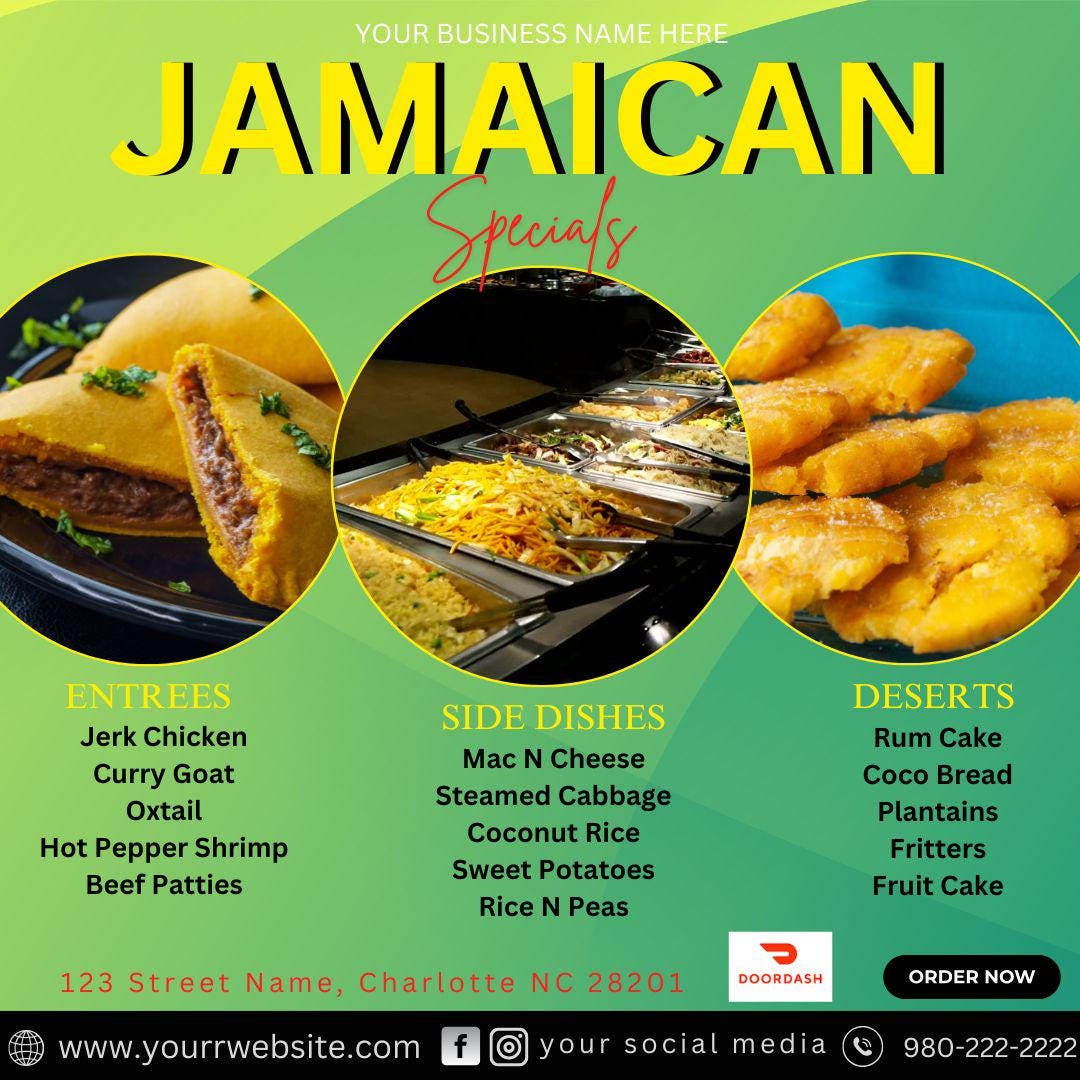 Editable Jamaican Food Restaurant Flyer, Jamaican Food Menu, Caribbean ...