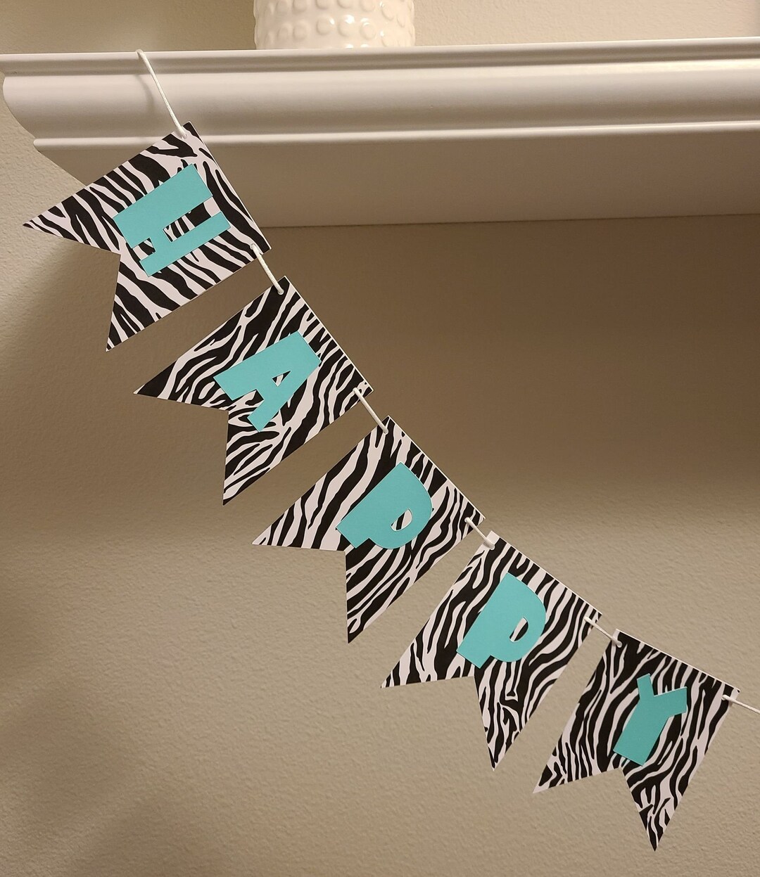 Zebra Print Party Banner: Turquoise Letters, Customizable - Etsy