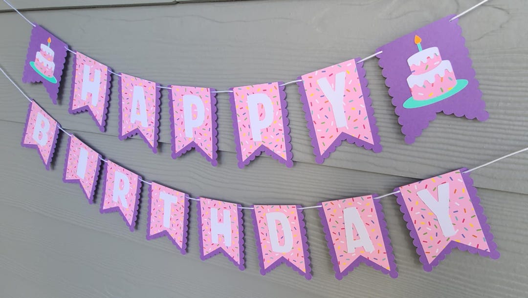 Adorable Sprinkle Cake Birthday Banner - Choose Purple or Yellow Colors ...