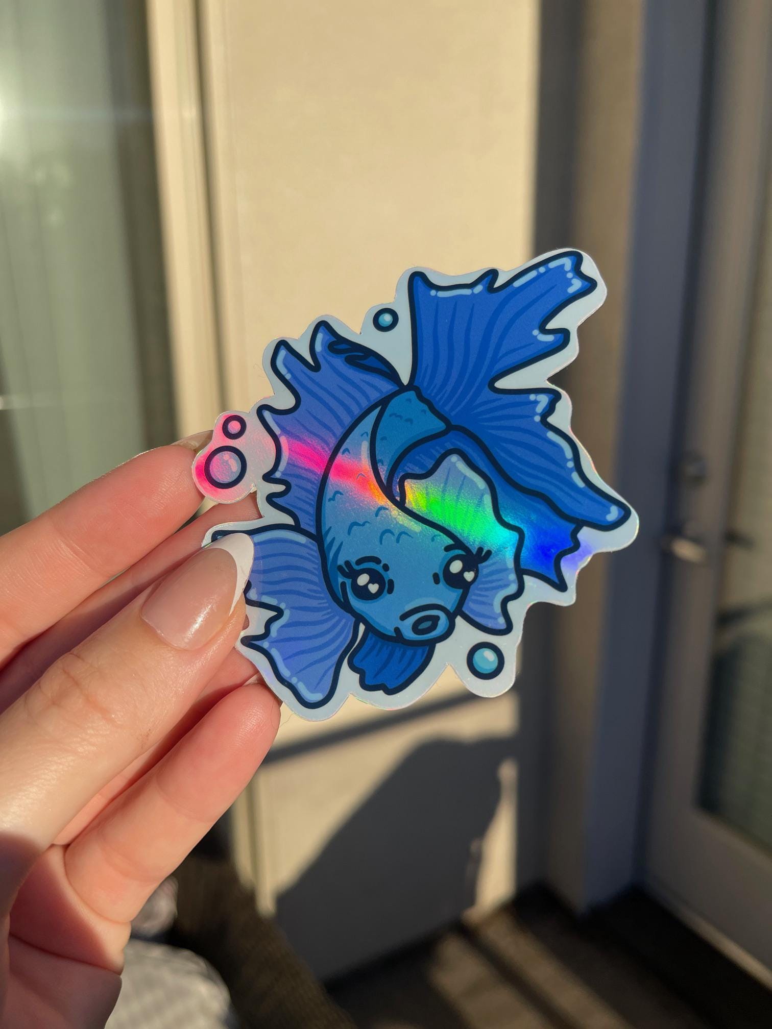 Holographic Beta Fish Sticker! Hand Drawn, Hand Made, Clear Lamination ...