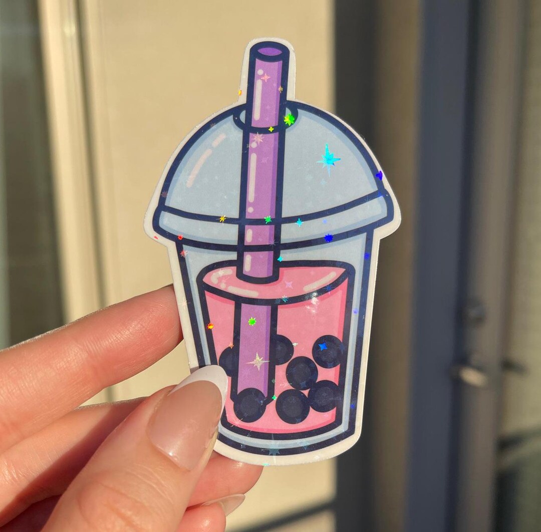 Holographic Boba Tea Sticker! Hand Made, Hand Drawn Laminated Sticker ...