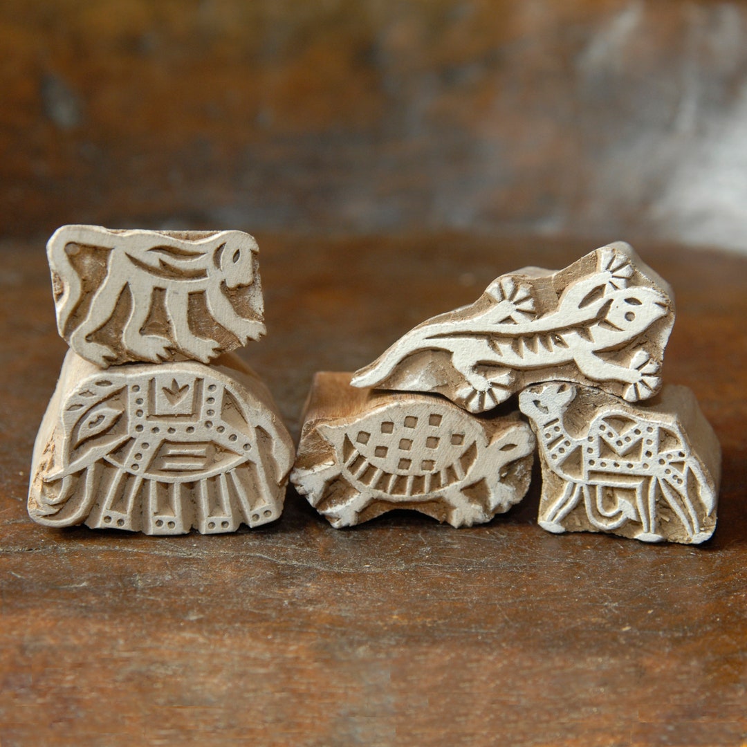 Animal Wood Block Set for Printing, Hand Carved Indian Stamp, Set of 5 ...