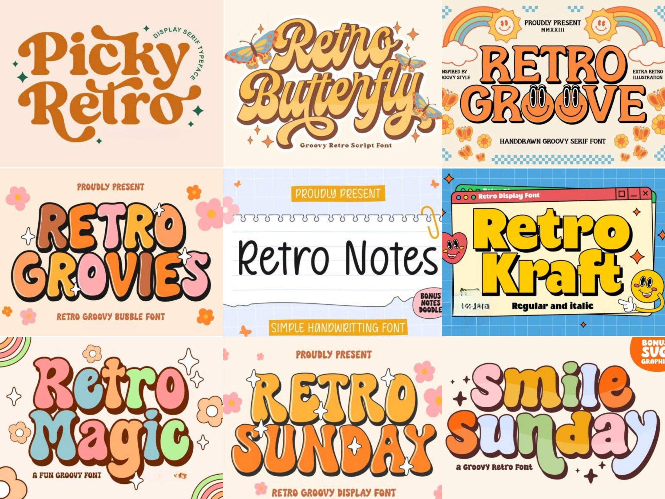 20 Super Retro Font Bundle Cricut Fonts, Bubbly Font, Groovy Font, Old ...