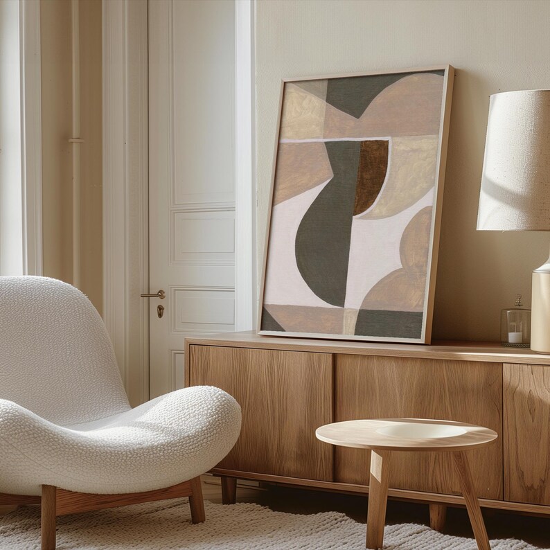 Beige Abstract Geometric Print, Mid-century Modern Art (digital ...