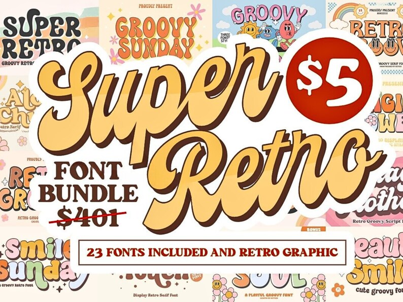 20 Super Retro Font Bundle Cricut Fonts, Bubbly Font, Groovy Font, Old ...